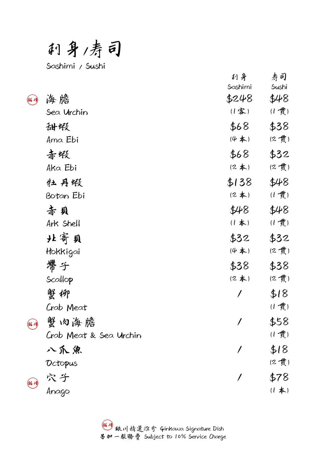 Sushi Ginkawa's Menu - Japanese Robatayaki Izakaya in Causeway Bay Hong ...